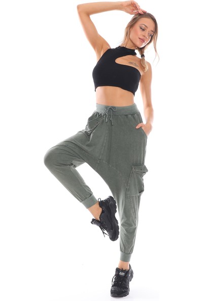 PodiumStar Cepleri Zımba Detaylı Yeşil Şalvar Pantolon