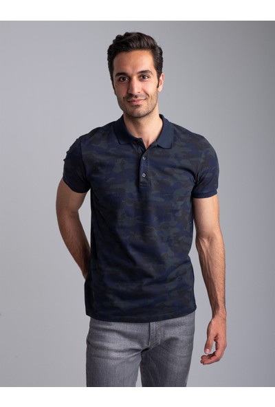 Dufy Lacivert Desenli Pamuklu Erkek T-Shirt - Slim Fıt Dufy Lacivert Desenli Pamuklu Erkek T-Shirt - Slim Fıt
