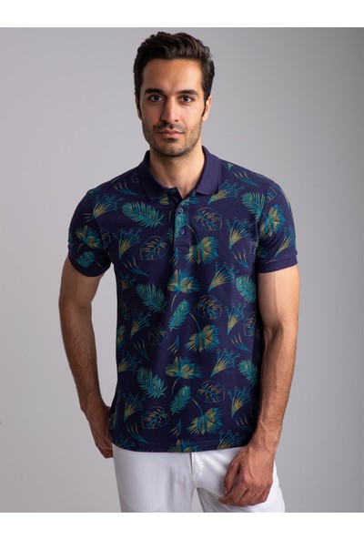 Dufy Lacivert Polo Yaka Çiçek Desenli Erkek T-Shirt - Slim Fit Dufy Lacivert Polo Yaka Çiçek Desenli Erkek T-Shirt - Slim Fit