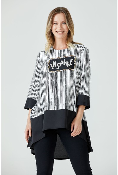 Sementa Büyük Beden Yazı Desenli Çizgili Bluz - Beyaz - Siyah