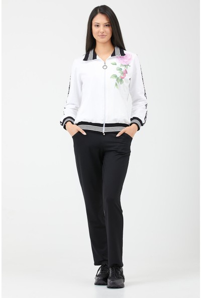 Sementa Çiçek Baskılı Fermuarlı Kadın Eşofman Takımı - Beyaz - Siyah
