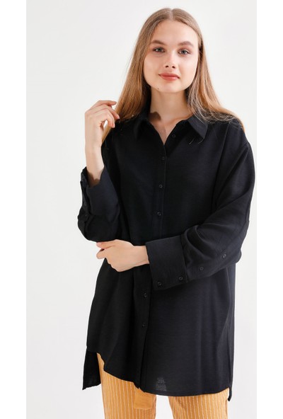 Wathka Kadın Hakim Kol Düğmeli Tunik - Siyah