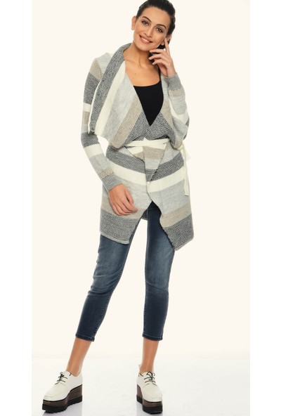 Wathka Kadın Karışık Renkli Kuşaklı Şal Yaka Triko Hırka - Krem Wathka Kadın Karışık Renkli Kuşaklı Şal Yaka Triko Hırka - Krem