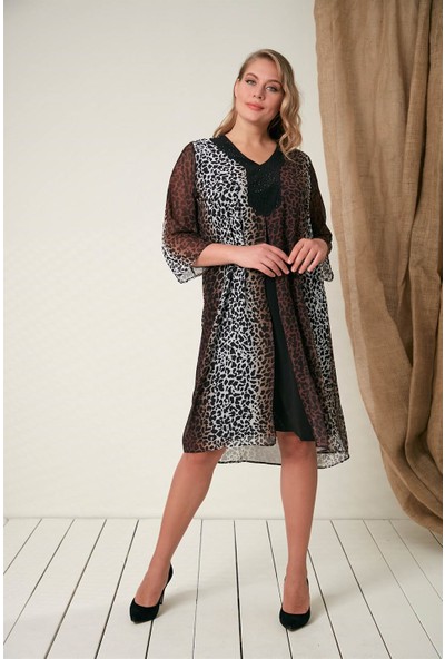 Rmg Taş Detaylı Büyük Beden Leopar Elbise