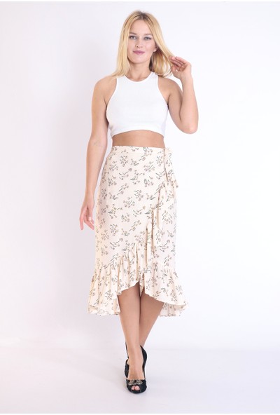 Moda Tuğram Bej Midi Çiçek Desen Etek Moda Tuğram Bej Midi Çiçek Desen Etek