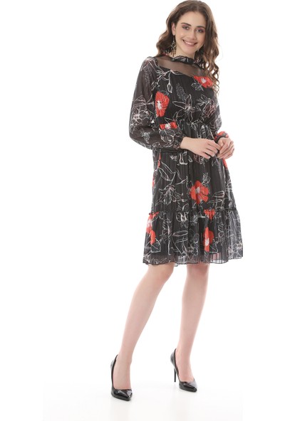 MCG Collection 573 Kadın Tül Detay Dik Yaka Şifon Elbise