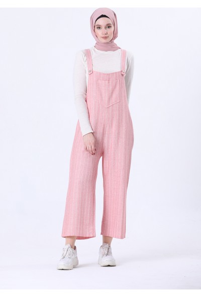 Pardesü Dünyası Kadın Çizgili Cepli Tesettür Salopet Tulum 1697