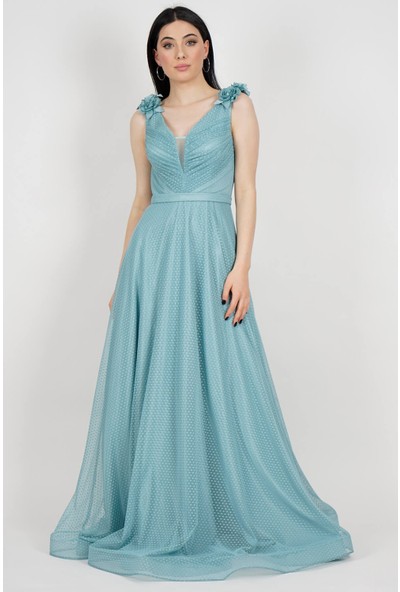 SpringStore Mint Omuzu Çiçekli İthal Kumaş Abiye SpringStore Mint Omuzu Çiçekli İthal Kumaş Abiye