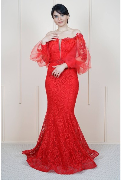 SpringStore Kırmızı Organize Kol Güpürlü Abiye SpringStore Kırmızı Organize Kol Güpürlü Abiye