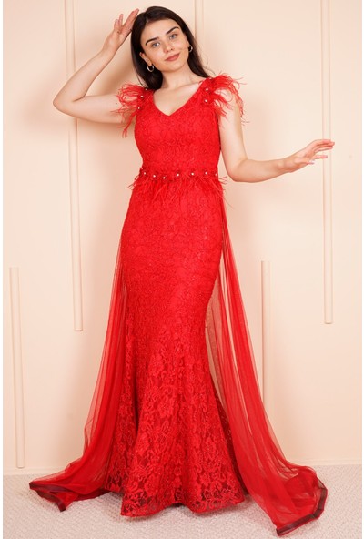 SpringStore Kırmızı Pelerinli Dantel Abiye SpringStore Kırmızı Pelerinli Dantel Abiye