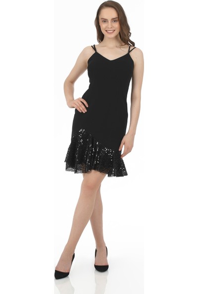 Carmen Siyah Krep Eteği Payetli Kısa Abiye Elbise Carmen Siyah Krep Eteği Payetli Kısa Abiye Elbise
