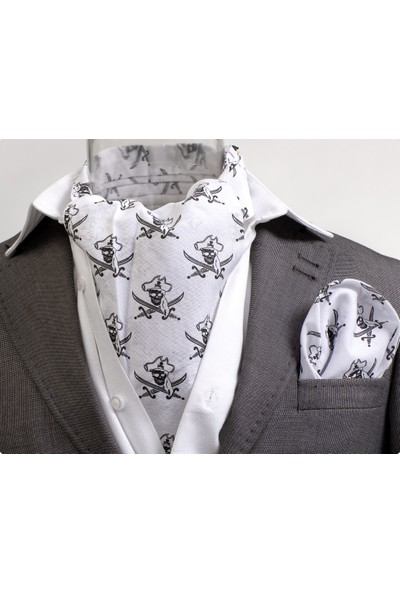 Exve Exclusive Siyah Korsan Desenli Beyaz Fular Mendil Seti