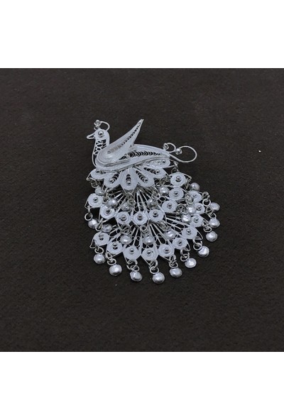 Midyat Nurtaş Gümüş Tavus Kuşu Tasarım Elişçiliği Telkari Gümüş Broş (Yaka Iğnesi)