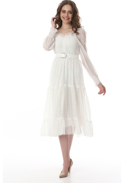 MCG Collection Mcg 586 Kadın Beyaz Göğüsü Gipeli Kemerli Elbise