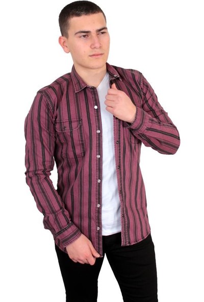 Stil Kombin Barkod Çizgili Çift Cep Kot Gömlek