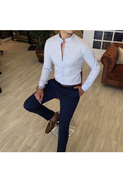 Terzi Adem Italyan Kesim Slim Fit Erkek Hakim Yaka Gömlek Buz Mavisi T4796