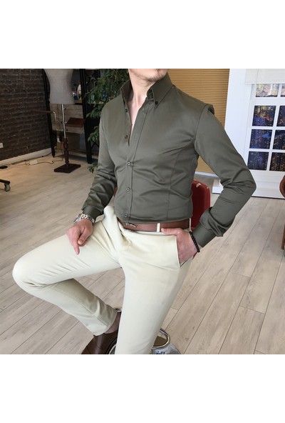 Terzi Adem Italyan Stil Slim Fit Dik Yaka Saten Erkek Gömlek Haki T4745 Terzi Adem Italyan Stil Slim Fit Dik Yaka Saten Erkek Gömlek Haki T4745
