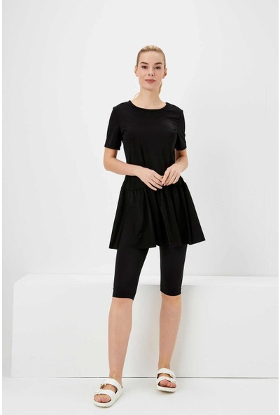 Haşema Yarım Kol Etekli Siyah Havuz Mayo H20-2815