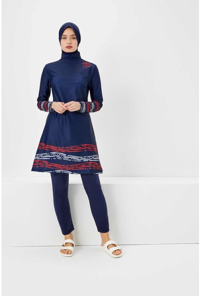 Haşema Kırmızı Beyaz Çizgili Lacivert Likralı Tesettür Mayo H20-2810
