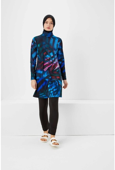 Nehar Su Damlacıklı Siyah Likralı Tesettür Mayo N20-23Efsun20-Sm