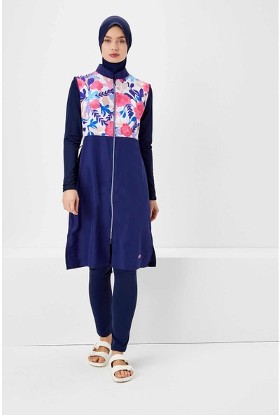 Haşema Çiçek Desenli Lacivert Tesettür Mayo H20-283420-La