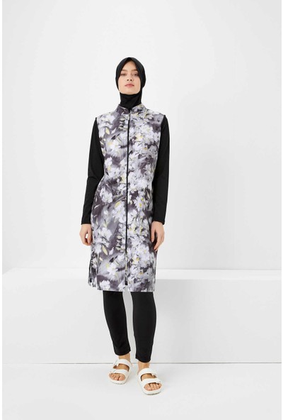 Nehar Gri Çiçek Desenli Siyah Tesettür Mayo N20-05-Si