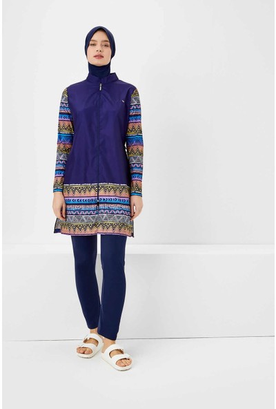Nehar Etnik Desenli Lacivert Tesettür Mayo N20-10-La