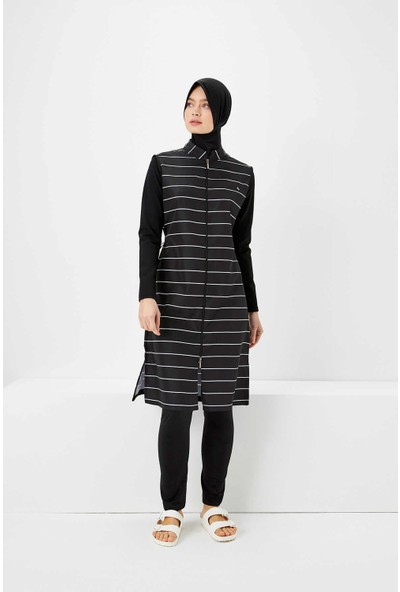 Nehar Beyaz Çizgili Boru Paça Siyah Tesettür Mayo N20-6083 Nehar Beyaz Çizgili Boru Paça Siyah Tesettür Mayo N20-6083