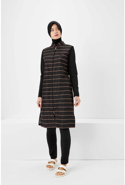 Nehar Bakır Çizgili Boru Paça Siyah Tesettür Mayo N20-6083