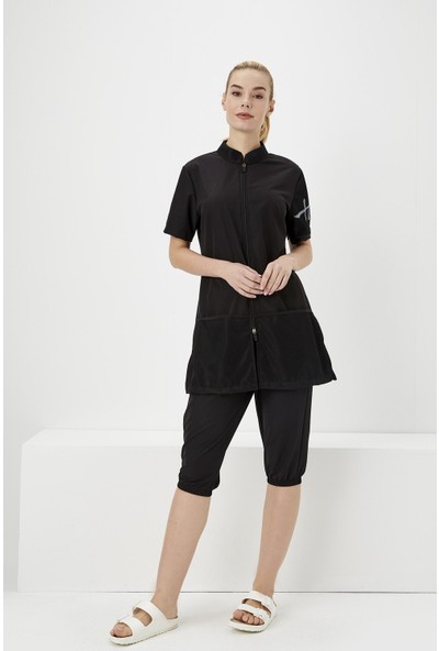 Haşema File Cep Detaylı Kısa Kol Fermuarlı Siyah Havuz Mayo H20-2843