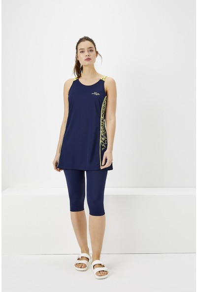 Haşema Sarı Kup Detaylı İnce Askılı Lacivert Havuz Mayo H20-2857