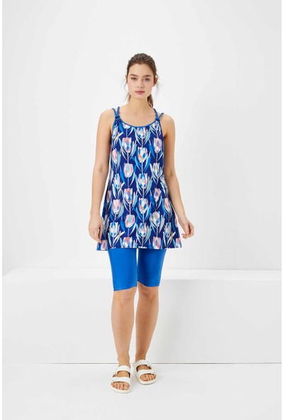 Nehar Lale Desenli Örgü İnce Askılı Mavi Havuz Mayo N20-24