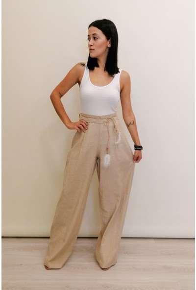 O.B.J. Collection Bej Yüksek Bel Ispanyol Paça Pantolon