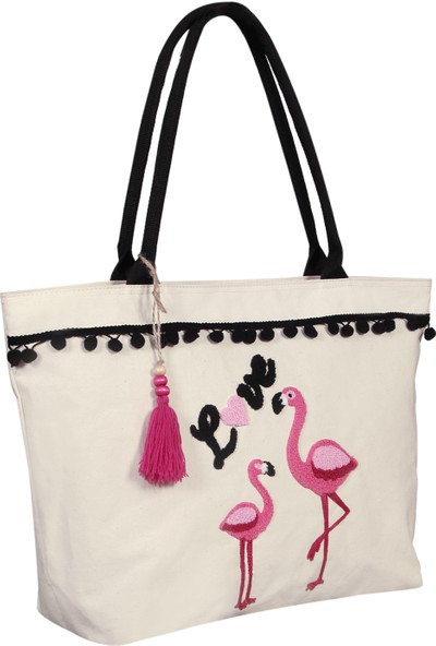Bakras Filamingo Nakışlı Cepli Fermuarlı Plaj Çantası