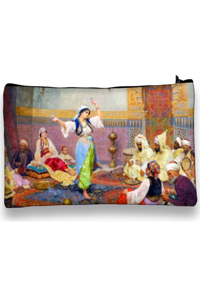 Carali Örme Kumaşa Dijital Baskılı Makyaj Çantası-Osmanlı-Dansöz-Kadın-Eğlence