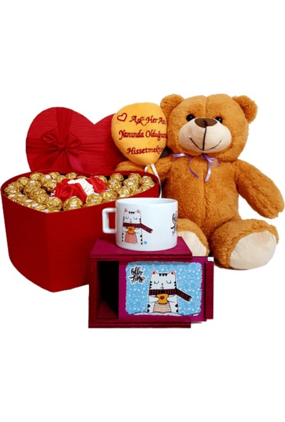 Hanbeyi Sevgiliye Hediye, Rocher Çikolata, Kedi Kutulu Kupa ve Pelüş Ayıcık Hanbeyi Sevgiliye Hediye, Rocher Çikolata, Kedi Kutulu Kupa ve Pelüş Ayıcık