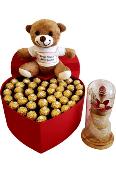 Hanbeyi Sevgiliye Hediye, Rocher Çikolata Kalp Kutu Işıklı Gül Fanus Aşık Pelüş Ayıcık