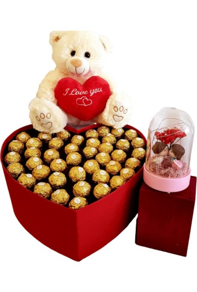 Hanbeyi Sevgiliye Hediye, Çikolata, I Love You Pelüş Ayıcık, Aşkın Büyüsü Işıklı Fanus