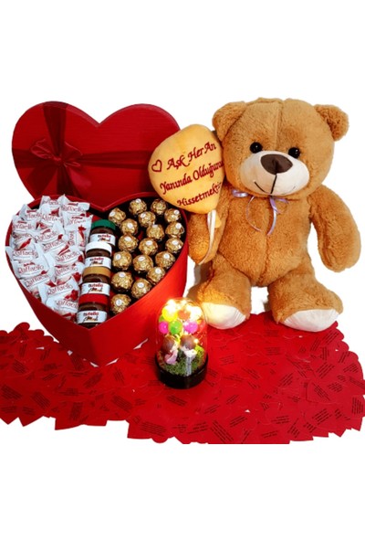 Hanbeyi Sevgiliye Hediye Kalp Çikolata Aşık Ayıcık Aşkın Büyüsü Işıklı Balonlu Fanus