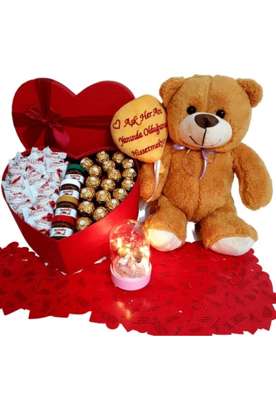 Hanbeyi Sevgiliye Hediye Kalp Kutu Karışık Çikolata Aşık Ayıcık Aşkın Büyüsü Işıklı Fanus