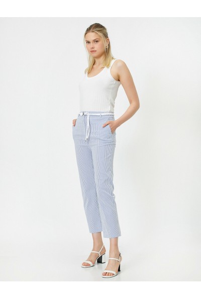 Koton Kadın Yüksek Bel Cep Detaylı Çizgili Kemerli Panto