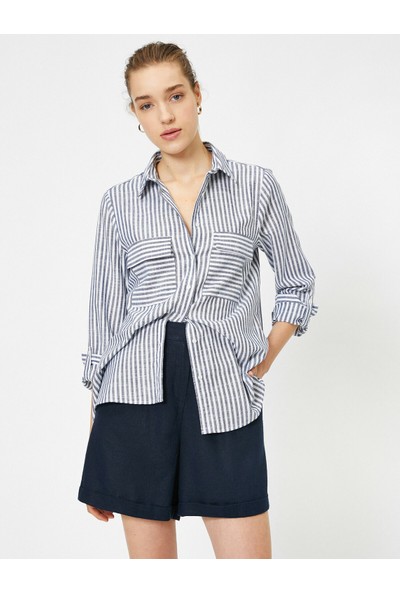 Koton Kadın Klasik Yaka Uzun Kollu Çift Cep Çizgili Gömlek