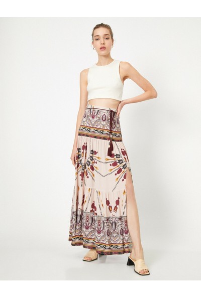 Koton Kadın Desenli Yırtmaç Detaylı Maxi Etek