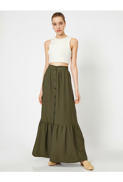 Koton Kadın Normal Bel Düğme Detaylı Fırfır Detaylı Maxi Etek