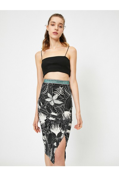 Koton Kadın Normal Bel Desenli Yırtmaç Detaylı Midi Etek