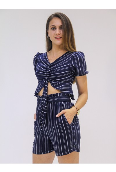 ŞEYDEN Kadın Crop Lacivert Çizgili Şortlu Ikili Alt Üst Takım