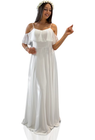 Carmen Ekru Askılı Uzun Nikah Elbisesi ve Dış Çekim Elbisesi