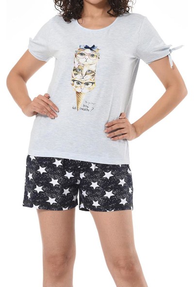 Nicoletta Mavi Kadın Şortlu Pijama Takımı Kısa Kollu Cepli Baskılı Pamuk