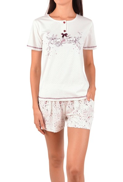 Nicoletta Ekru Kadın Şortlu Pijama Takımı Kısa Kollu Cepli Pamuk