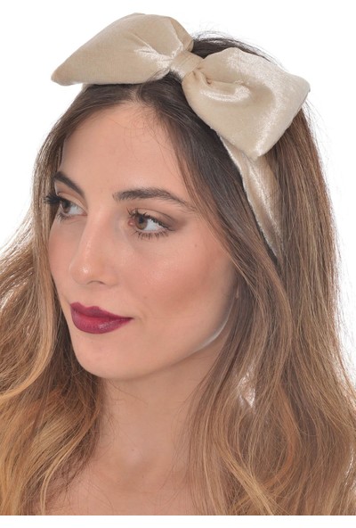 Hahai Accessories Hahai Kadın Lastikli Krem Renk Kadife Fiyonk Saç Bandı
